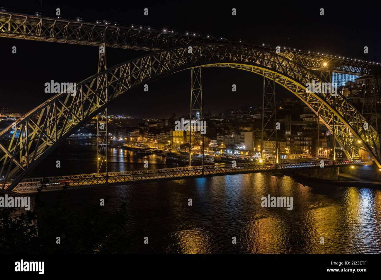 Bridge Dom Louis Porto Portugal at night a double-deck metal arch ...