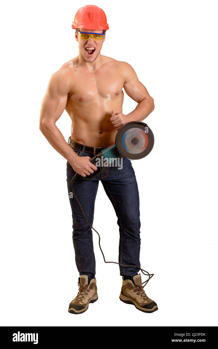 Working man with tools for grinding and red construction helmet Stock ...