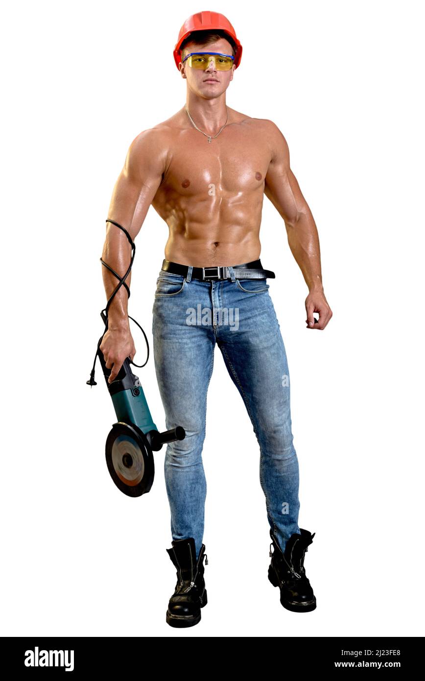 Working athletic build with electric tool on white background Stock ...