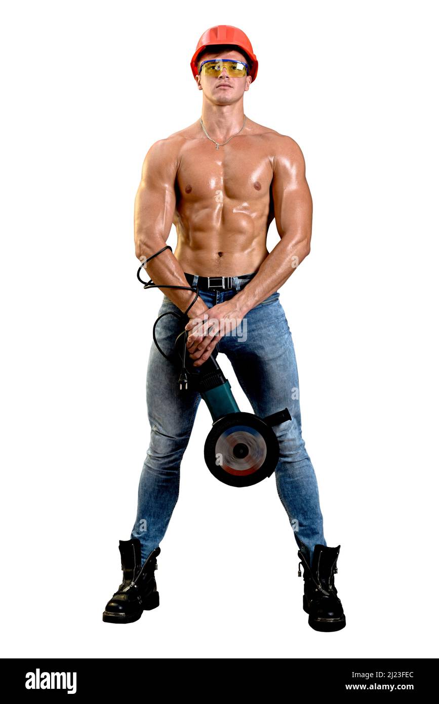 Working athletic build with electric tool on white background Stock ...