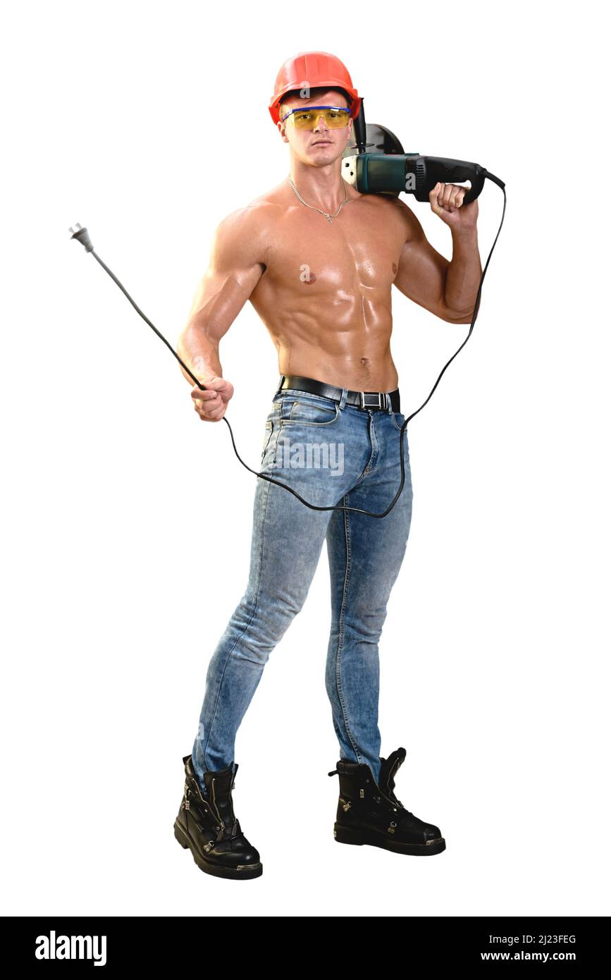 Working athletic build with electric tool on white background Stock ...