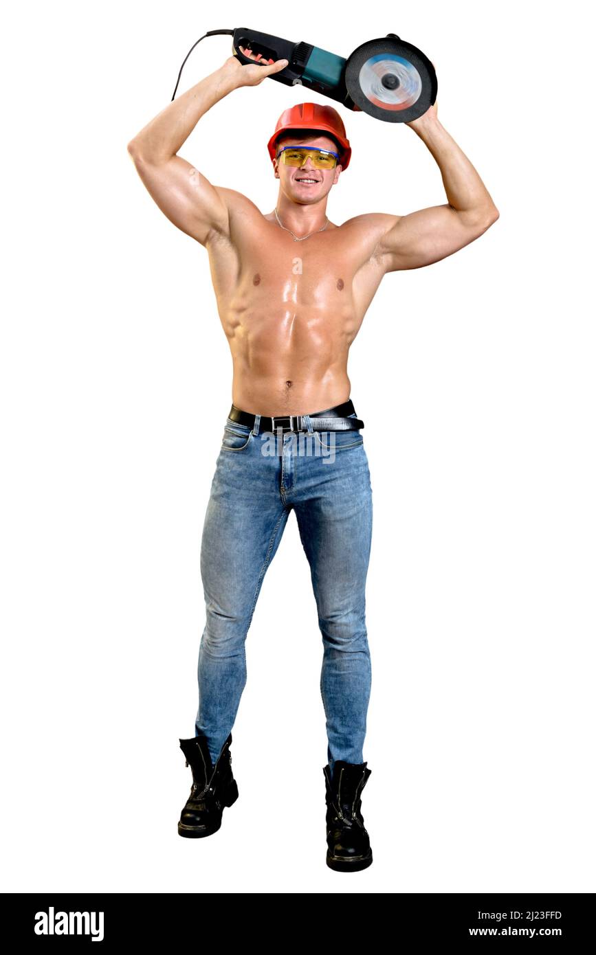 Working athletic build with electric tool on white background Stock ...