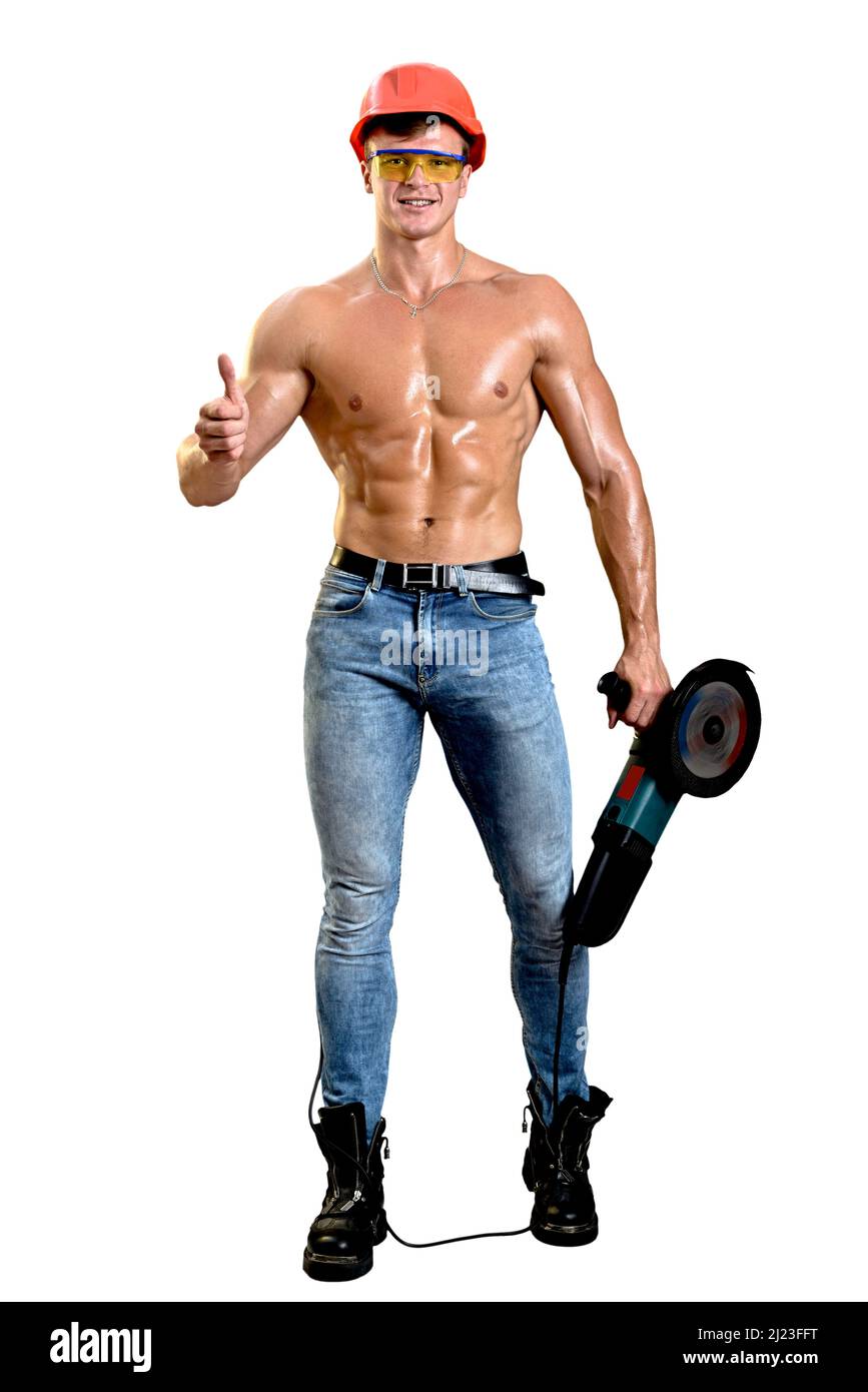 Working athletic build with electric tool on white background Stock ...