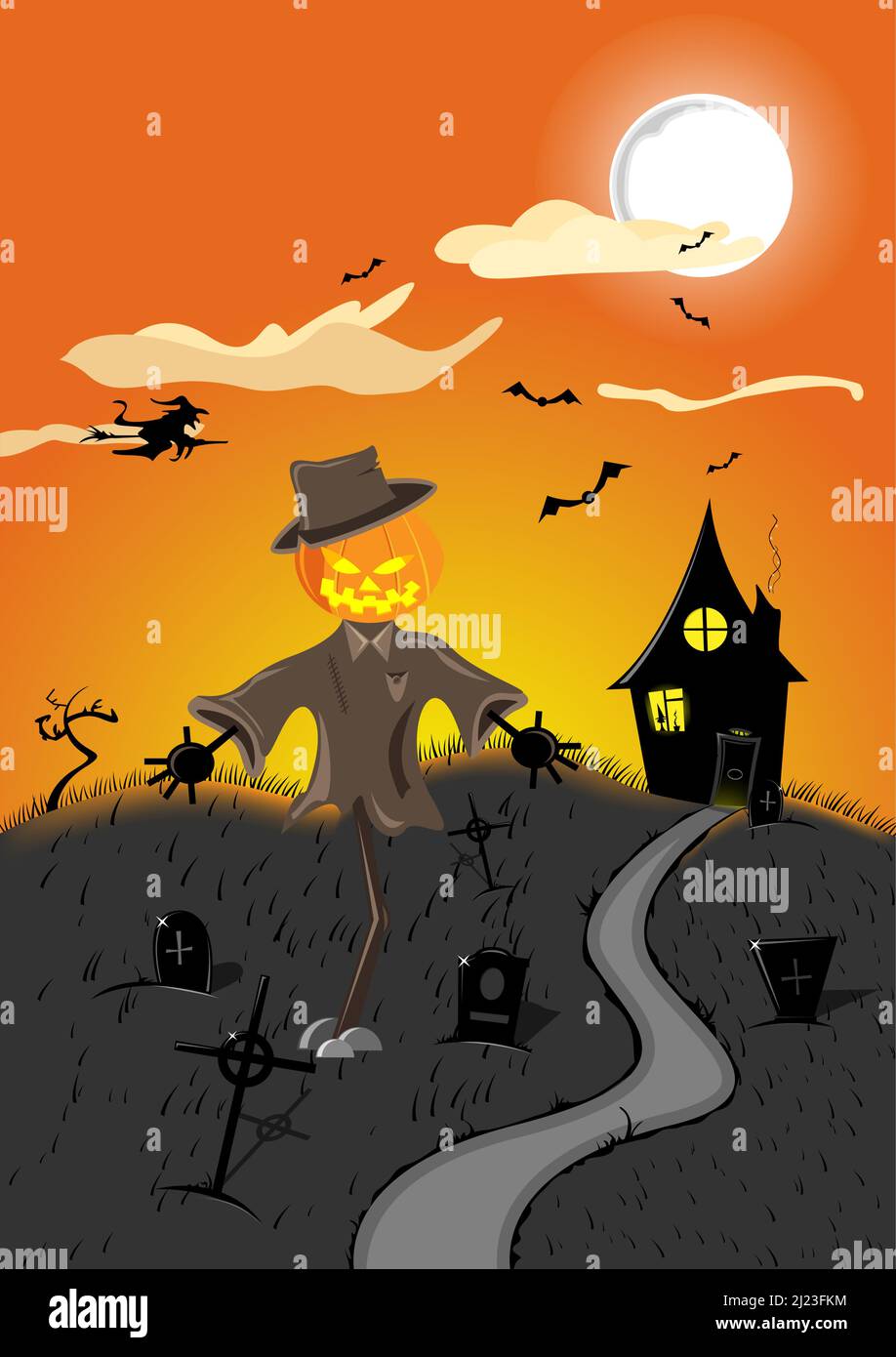 Hallowen vector illustration background with cemetery and scarecrow ...