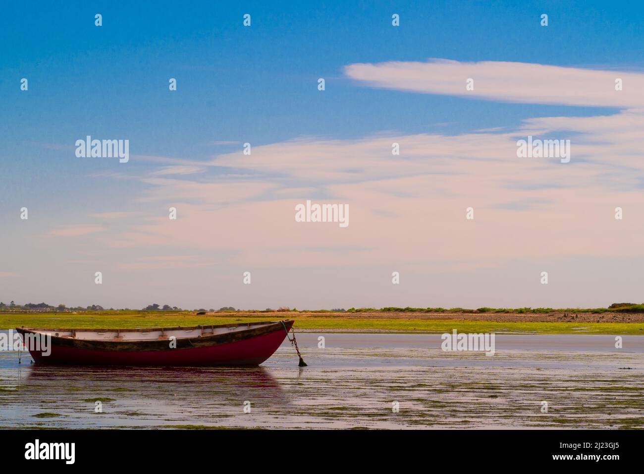 A beautiful view of a small boat in the lake near the field under a ...