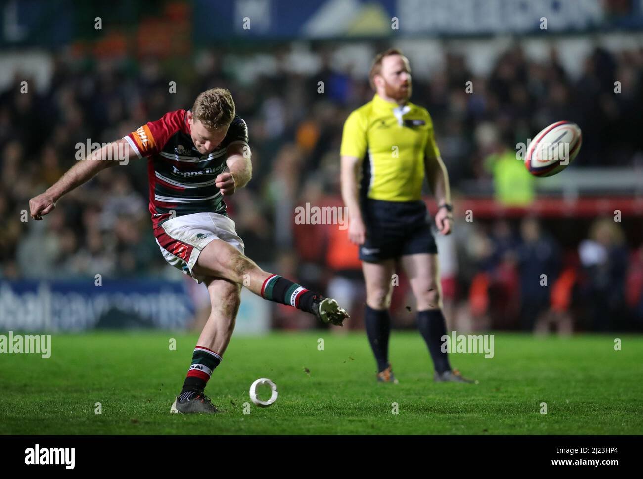 Leicester Tigers Bryce Hegarty converts a try during the Premiership ...