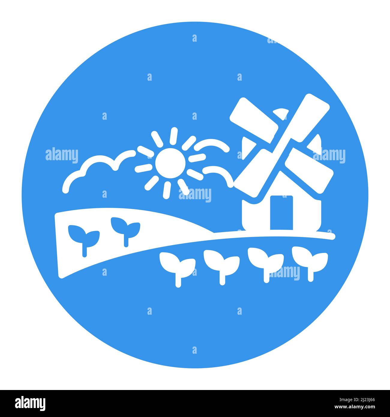 Rural landscape with windmill flat glyph icon. Agriculture sign. Graph ...