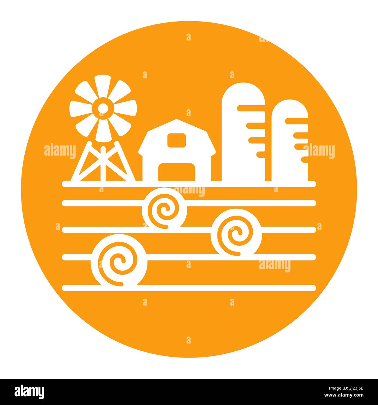 Farm landscape with barn, windpump, haystack and granary flat glyph ...