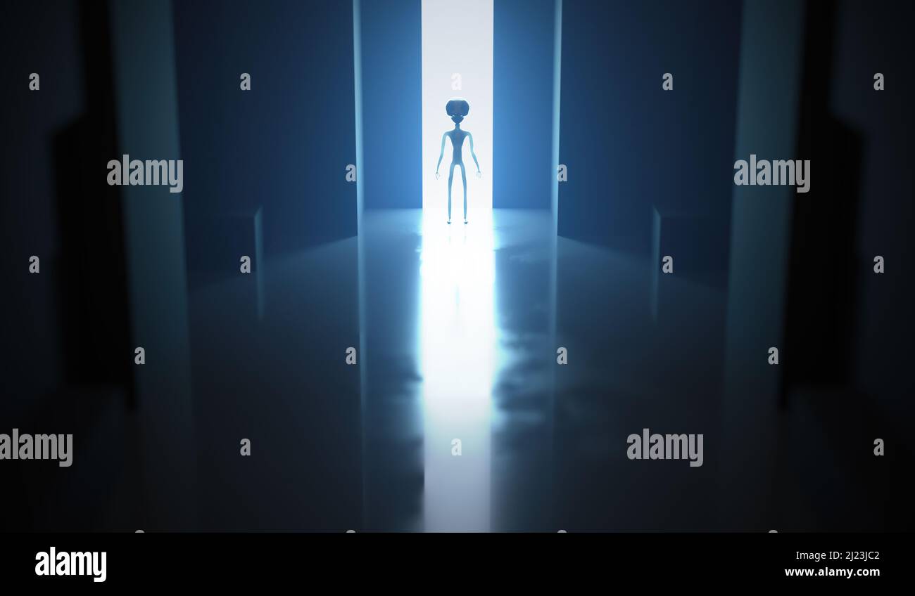 Silhouette of spooky alien. Bright light in background. 3D rendered ...