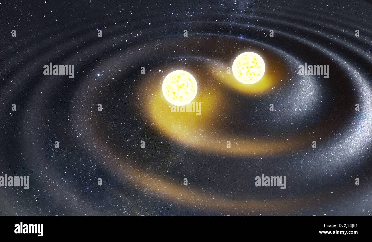 Binary star system generating gravity waves. Gravity and astrophysics concept. 3D rendered ...