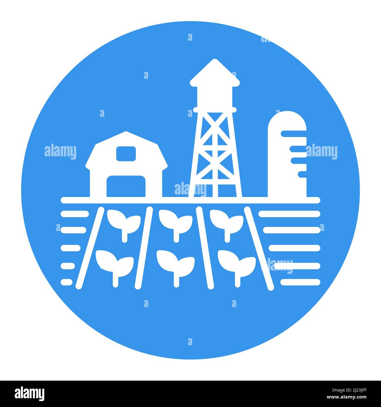 Farm landscape with barn, windpump, seedling and water tower glyph icon ...