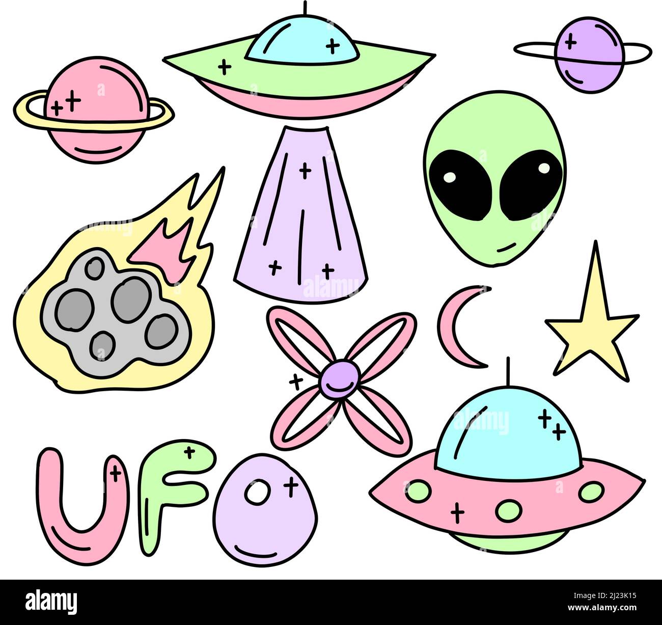 Collection of ufo, aliens and space objects drawn in flat style. High ...