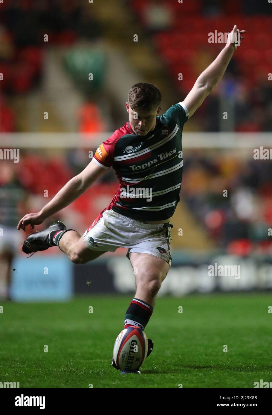 Leicester Tigers Dan Lancaster converts a try during the Premiership ...