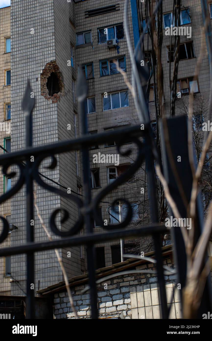 Boyarka, Ukraine. 29th Mar, 2022. A damaged apartment building in ...