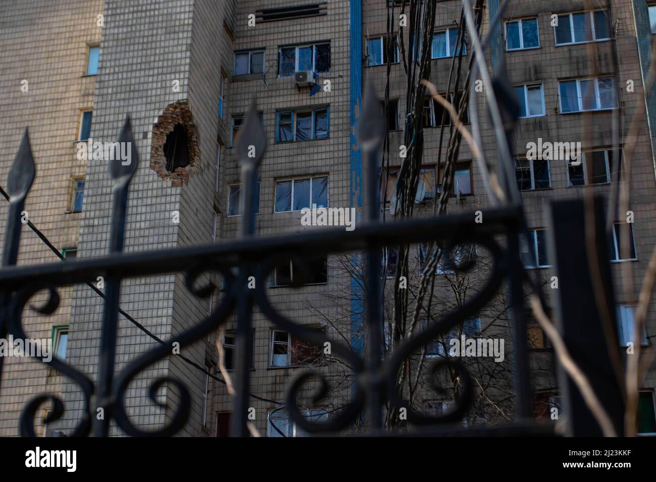 Boyarka, Ukraine. 29th Mar, 2022. A damaged apartment building in ...
