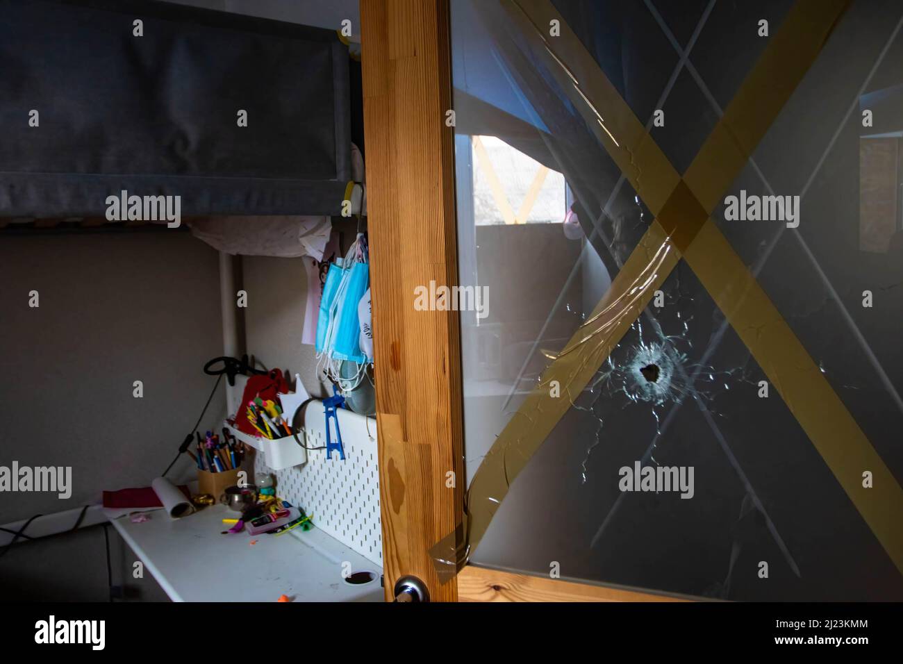 Boyarka, Ukraine. 29th Mar, 2022. Shrapnel damage inside of a Ukrainian ...