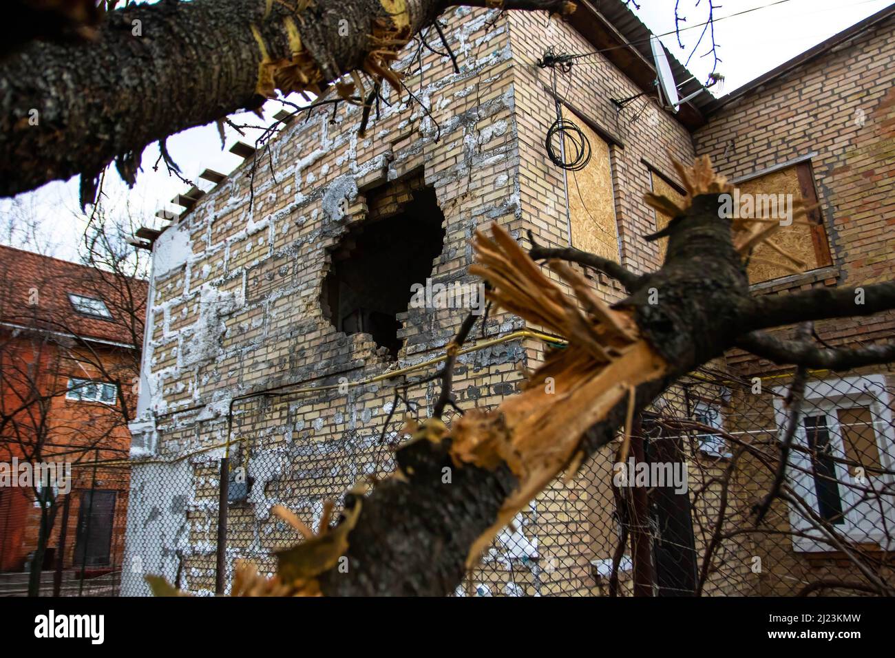 Boyarka, Ukraine. 29th Mar, 2022. A home and tree damaged by a Russian ...