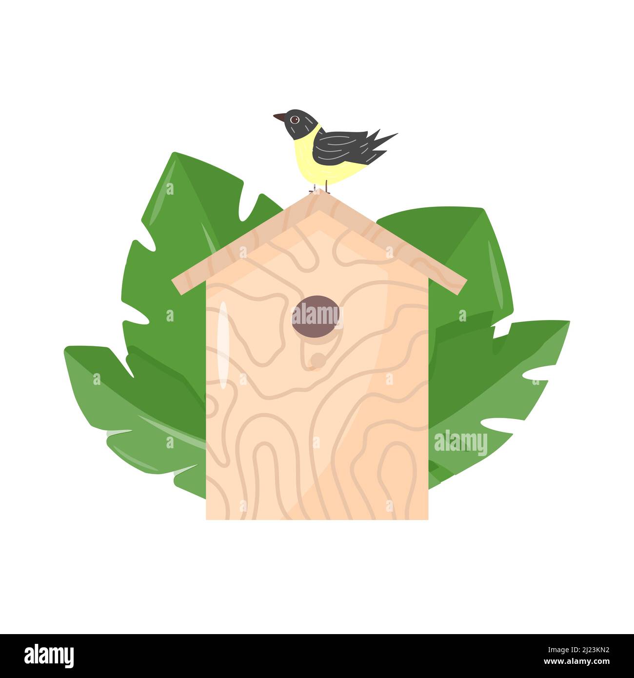 Cute Cartoon birdhouse on a white background with bird on top. Isolated ...