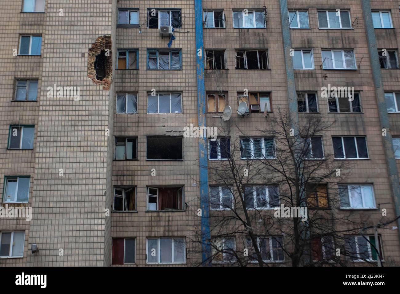Boyarka, Ukraine. 29th Mar, 2022. A damaged apartment building in ...