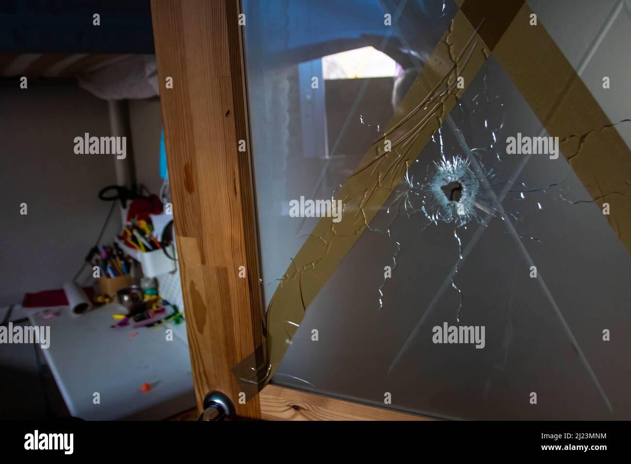 Boyarka, Ukraine. 29th Mar, 2022. Shrapnel damage inside of a Ukrainian ...
