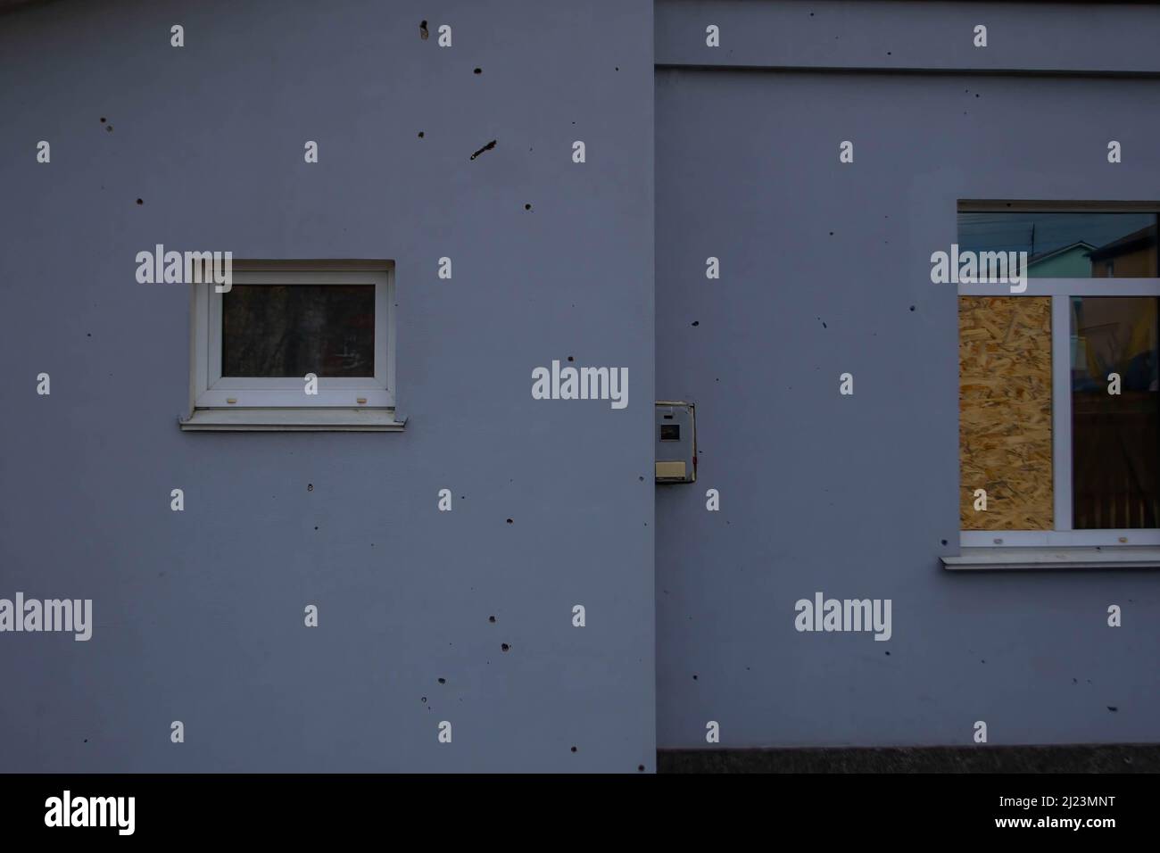 Boyarka, Ukraine. 29th Mar, 2022. A building filled with shrapnel after ...