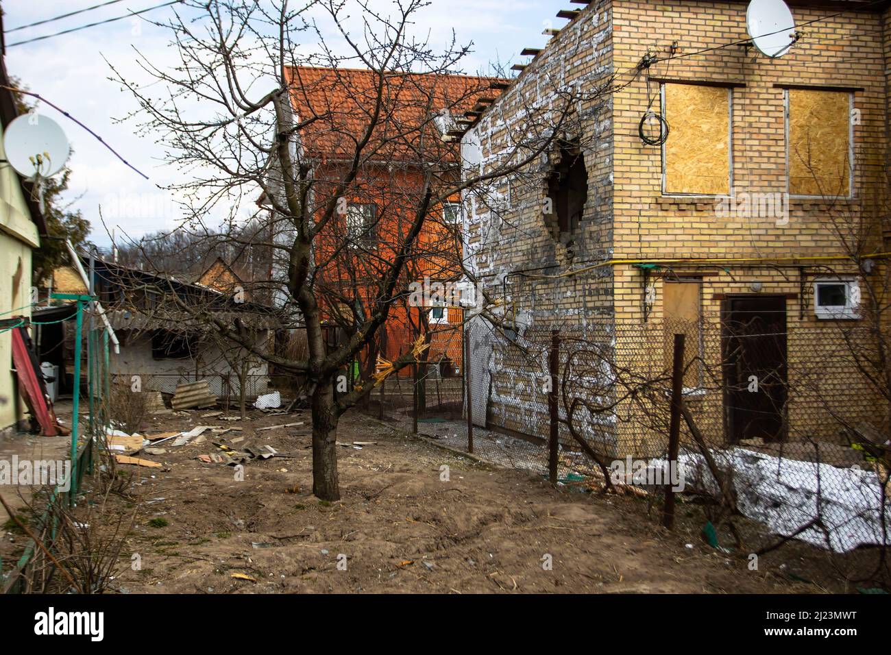 Boyarka, Ukraine. 29th Mar, 2022. A residential home damaged by a ...