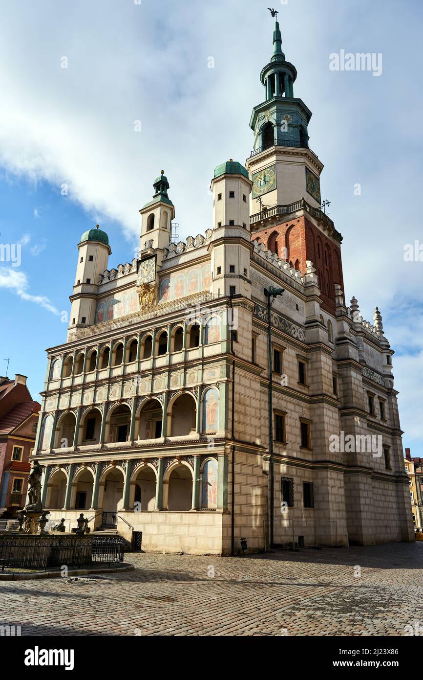 The facade with stone arcades of the historic Renaissance town hall in ...