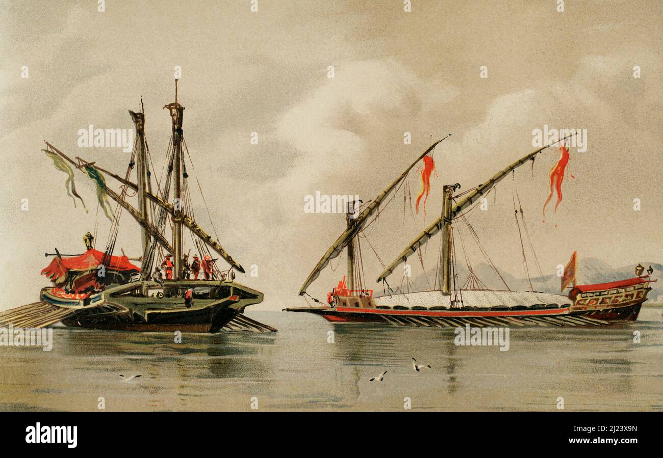 History of navigation. 16th century galleys. Chromolithography ...