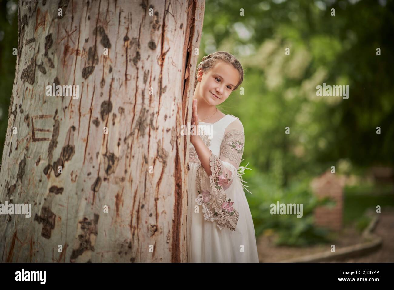 Communion girl posing next to a big tree in a park Stock Photo - Alamy