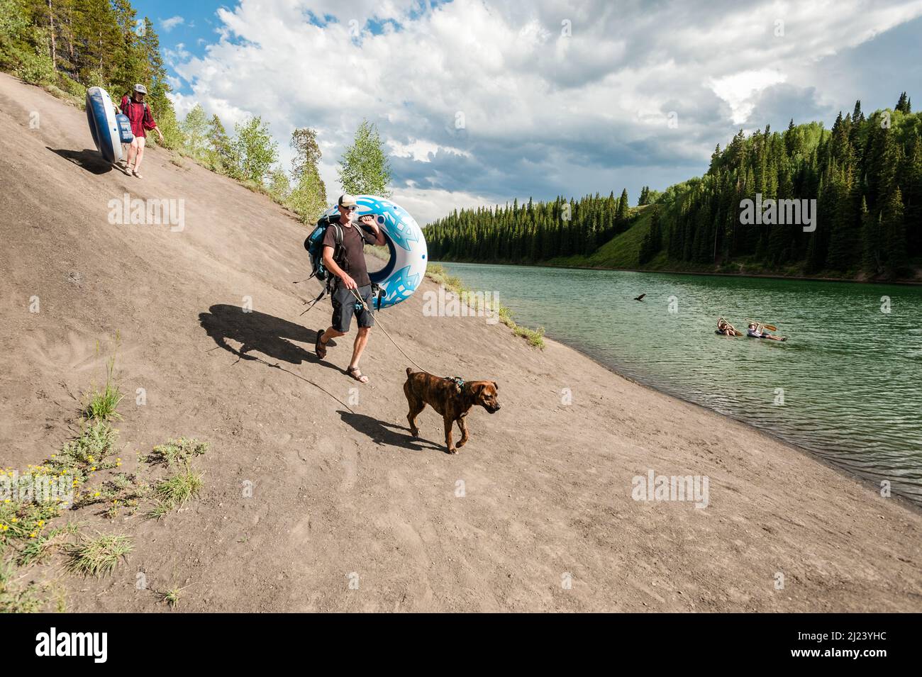 Young couple going for a swim with their dog a lake Stock Photo - Alamy
