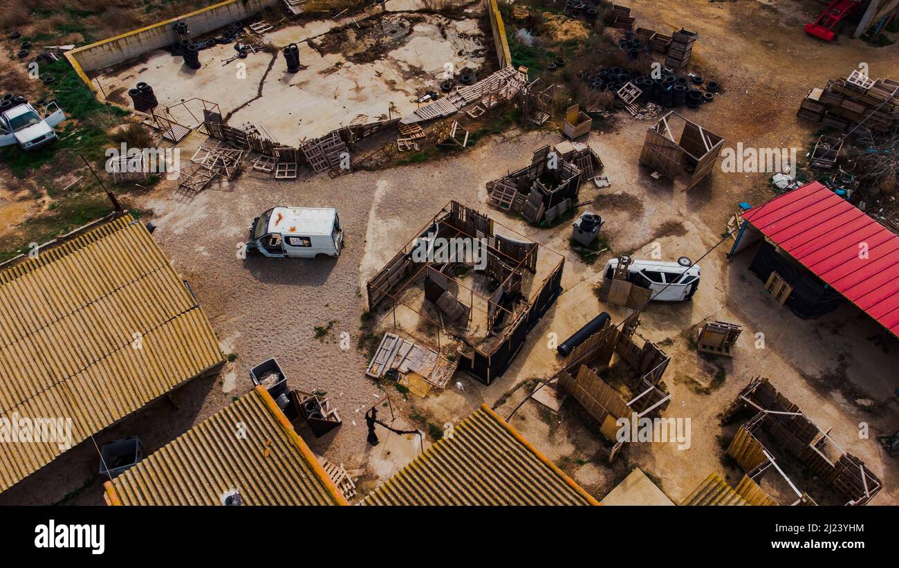 Aerial view of the obstacles of an airsoft field Stock Photo - Alamy