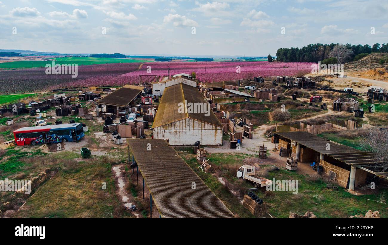 Aerial view of an airsoft field in the middle of nature Stock Photo - Alamy