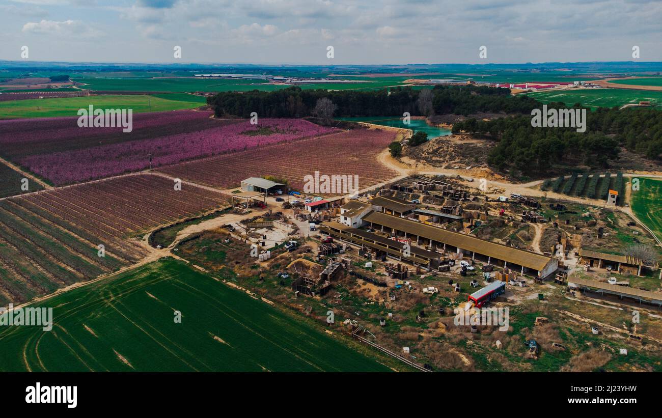 Aerial view of an airsoft field surrounded by fields Stock Photo - Alamy