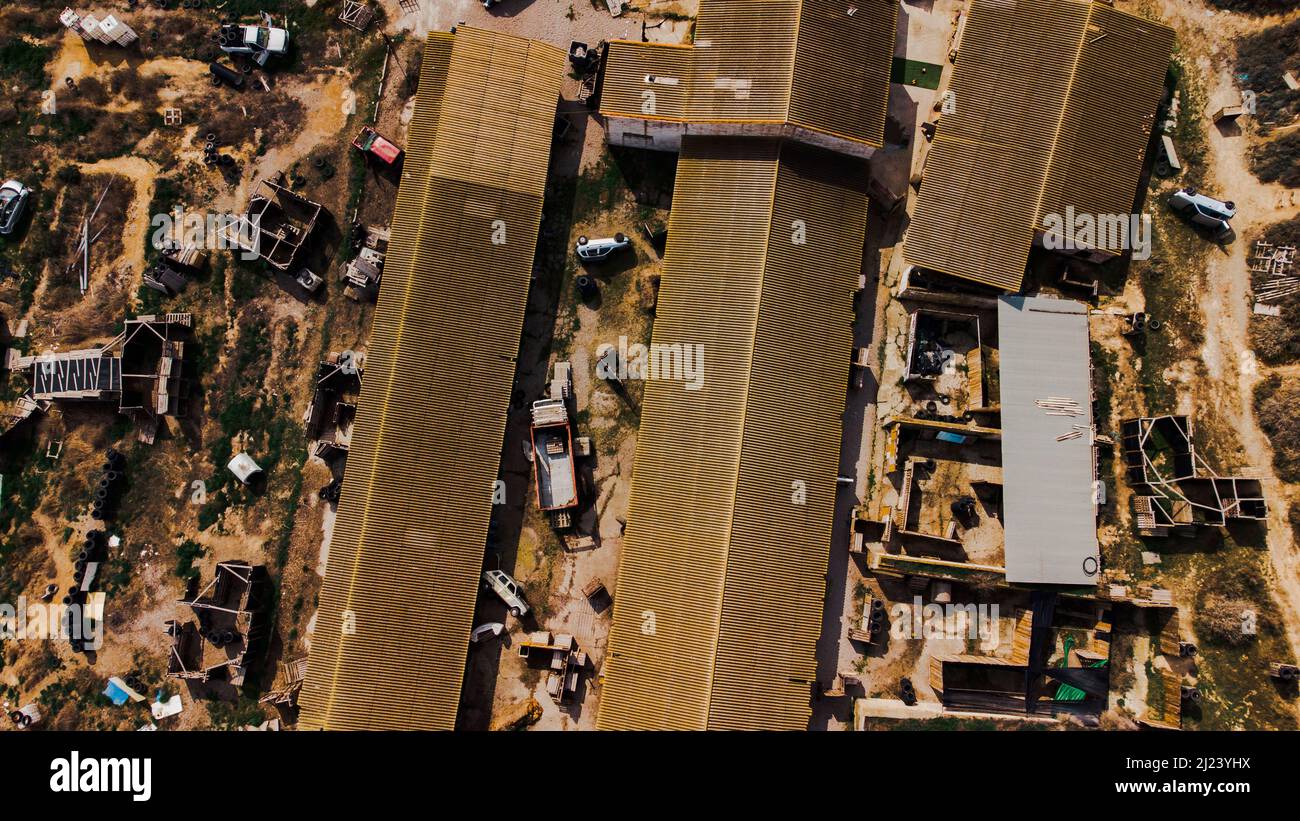 Aerial view of the obstacles of an airsoft field Stock Photo - Alamy
