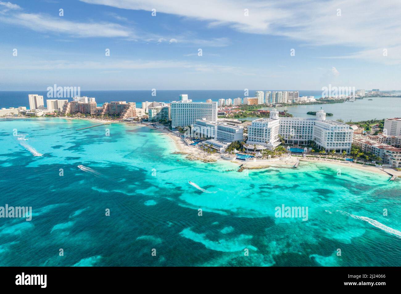 Aerial panoramic view of Cancun beach and city hotel zone in Mexico ...