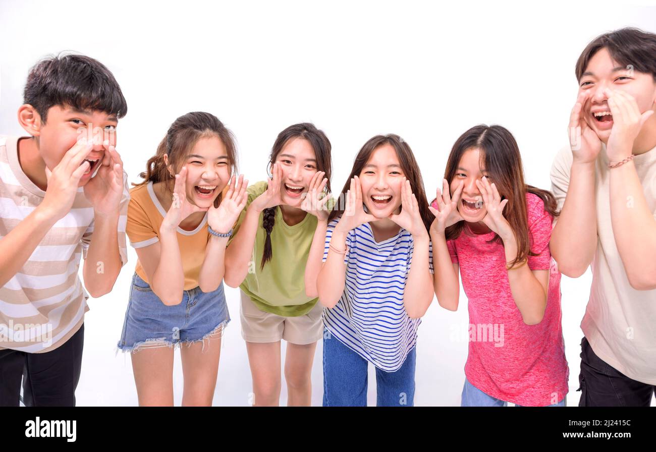 Happy young group student shouting and announcing something Stock Photo ...