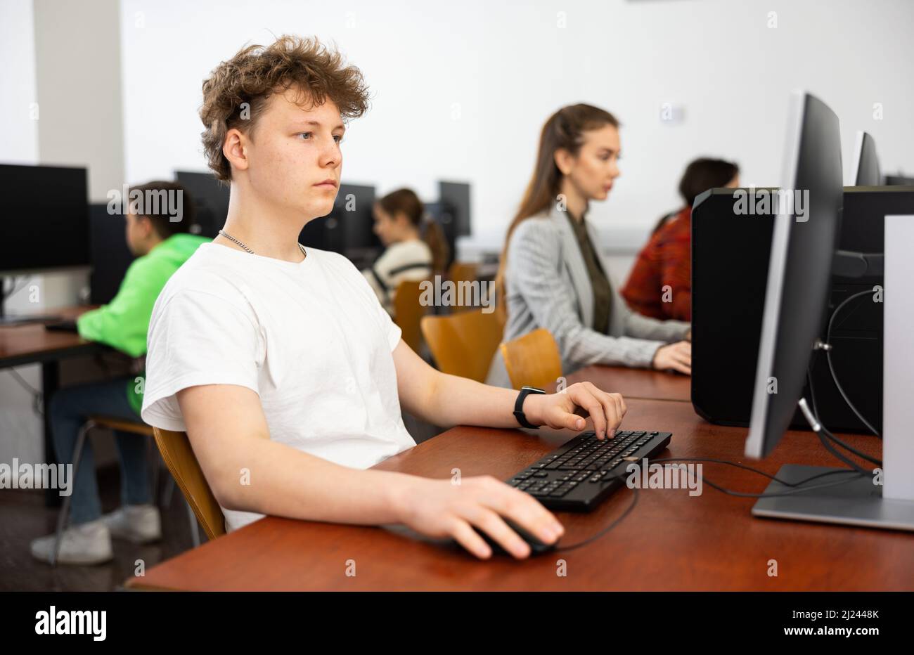 Teenage student at the computer in school class Stock Photo - Alamy