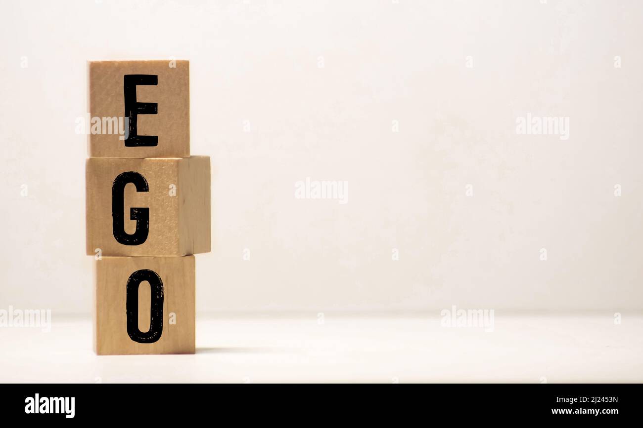 The word ego was created from wooden cubes. Taken outside on a tree ...