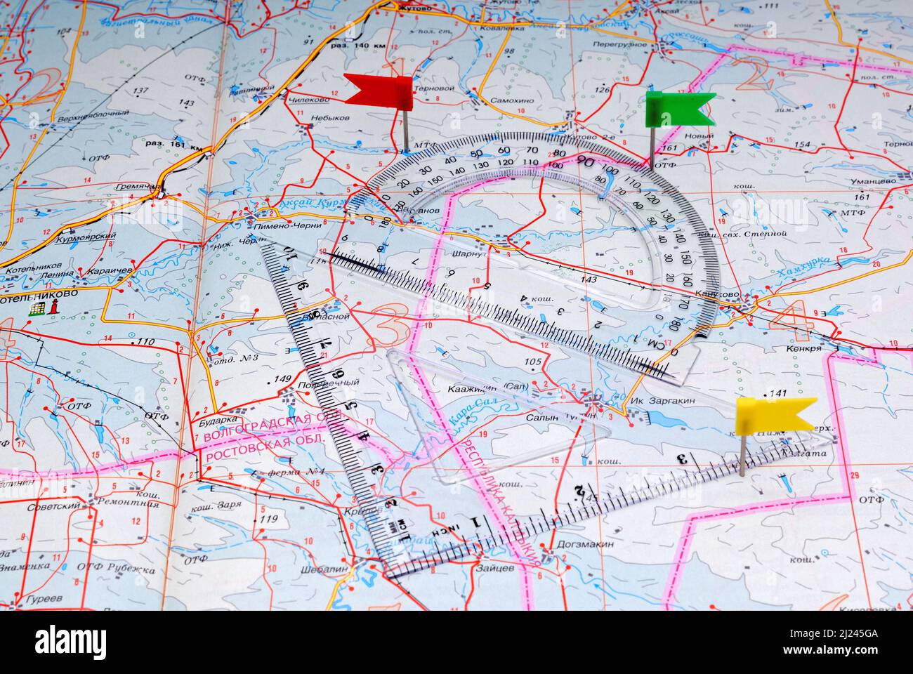 Measuring tools a triangle a protractor on a fragment of a map Stock ...
