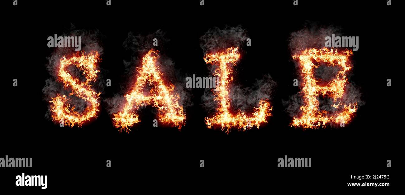 Word sale burning with fire and smoke, digital art isolated on black ...