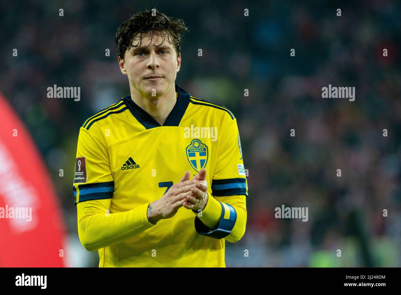 Chorzow, Poland. 30th Mar, 2022. Victor Lindelof of Sweden dejected ...