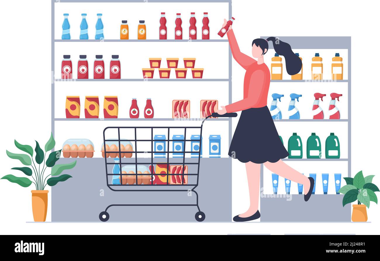 Supermarket with Shelves, Grocery Items and Full Shopping Cart, Retail ...