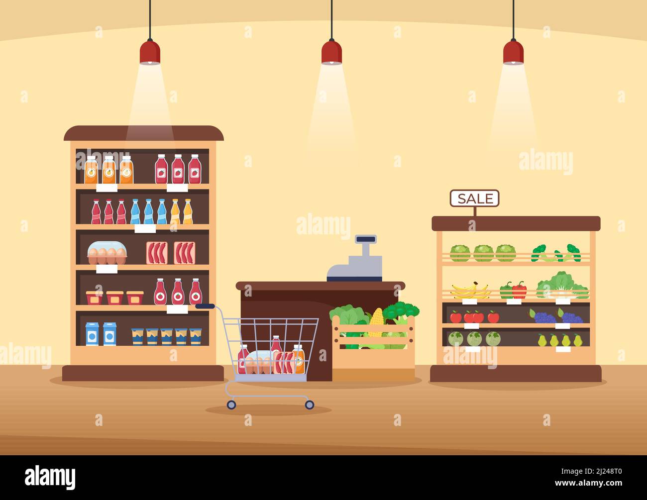 Supermarket with Shelves, Grocery Items and Full Shopping Cart, Retail ...