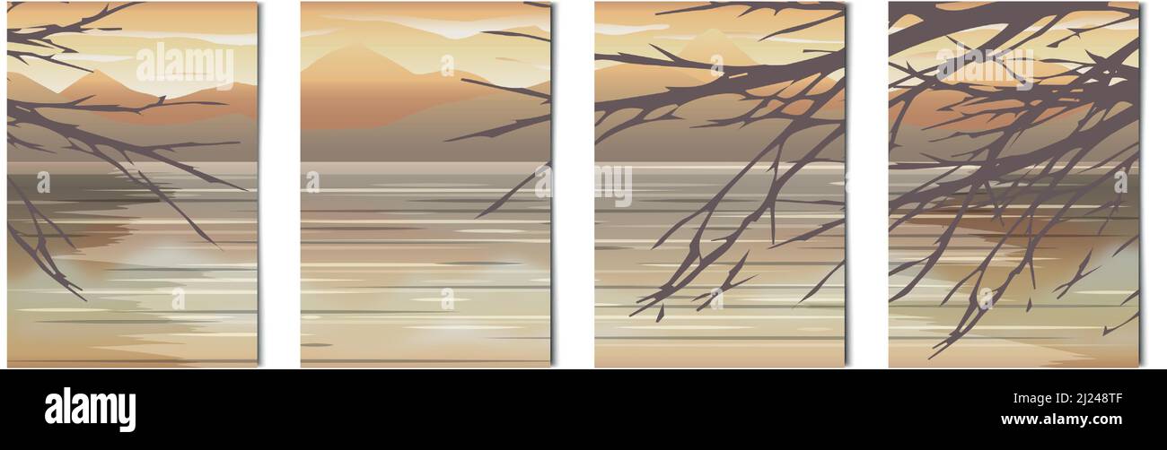Set of 4 pcs vertical backgrounds forest lake scenery - Vector ...