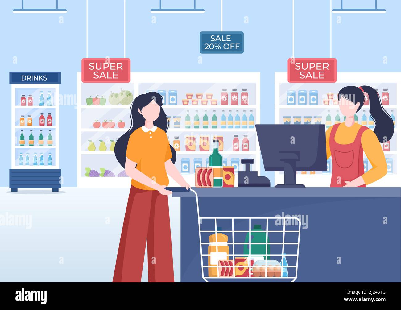 Supermarket with Shelves, Grocery Items and Full Shopping Cart, Retail ...