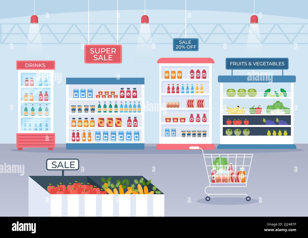 Supermarket with Shelves, Grocery Items and Full Shopping Cart, Retail ...