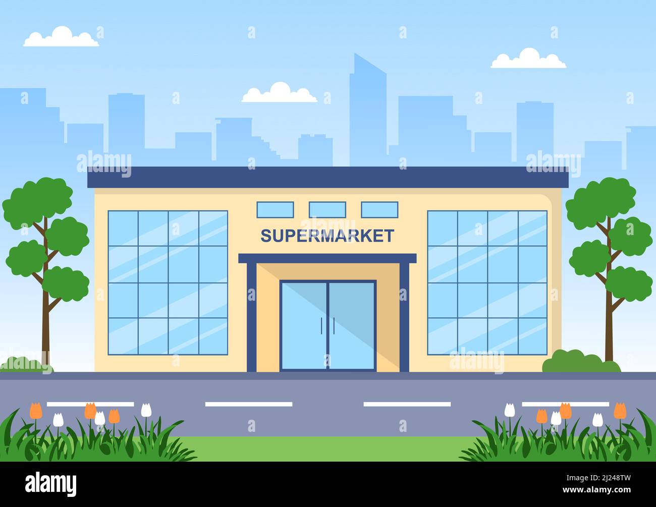 Supermarket Building with Shelves, Grocery Items and Full Shopping Cart ...