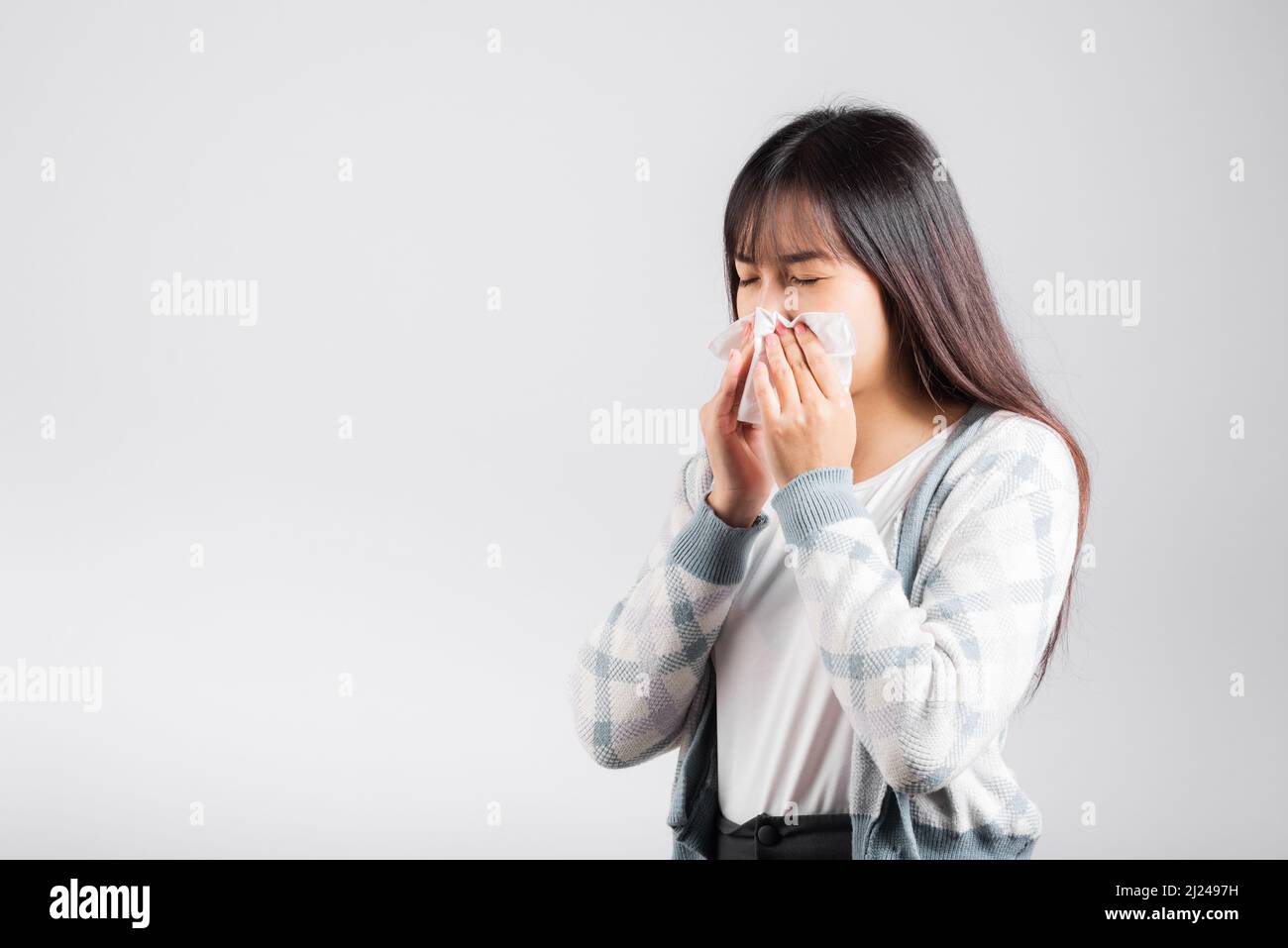 Unhappy woman bad mood her cry wipe mucus with tissue, beautiful young ...