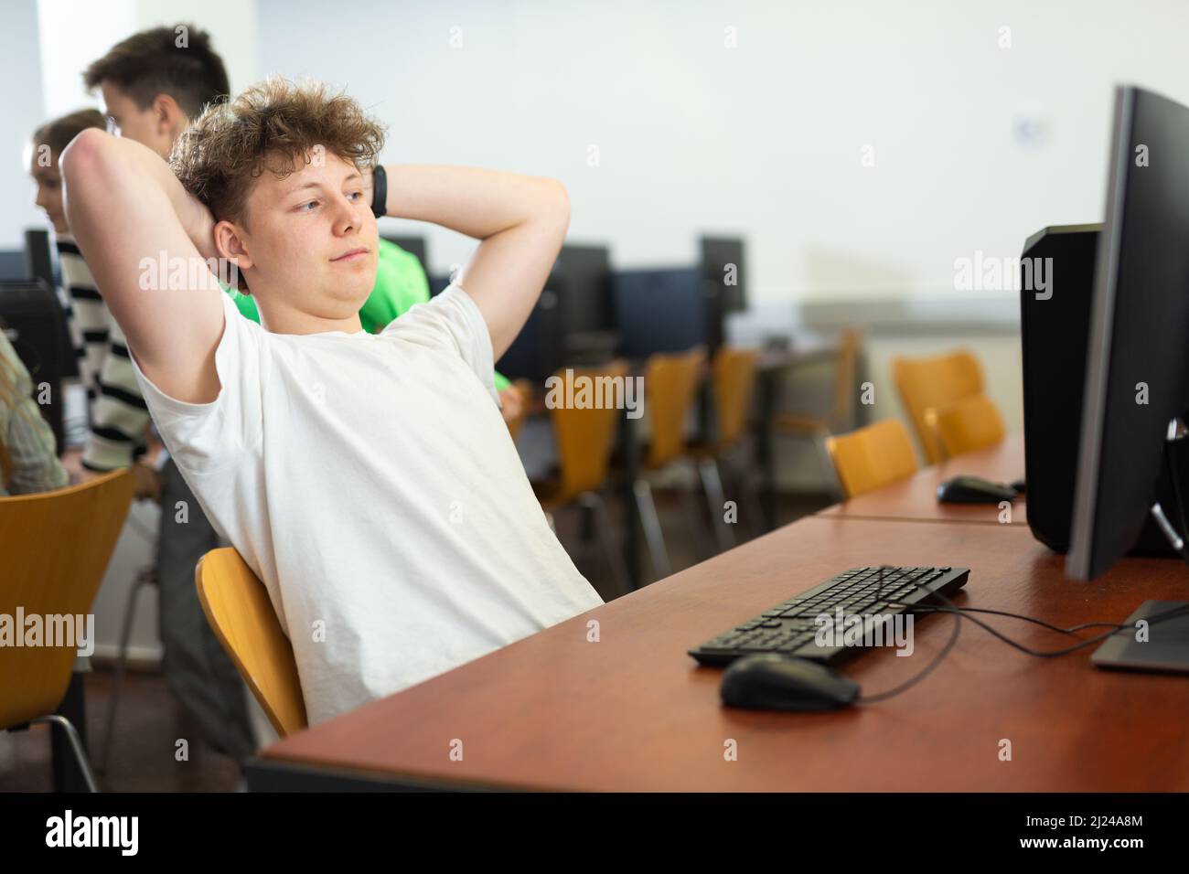 Teenage boy resting during computer science lesson Stock Photo - Alamy