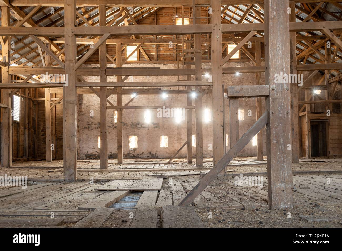 Old Barn Wooden Beams of Sunlight Interior Dusty Farm Empty Stock Photo ...